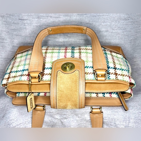 Coach | Bags | Coach Y2k Wool Hampton Tattersall Satchel W Tan Suede Leather Turn Lock | Poshmark